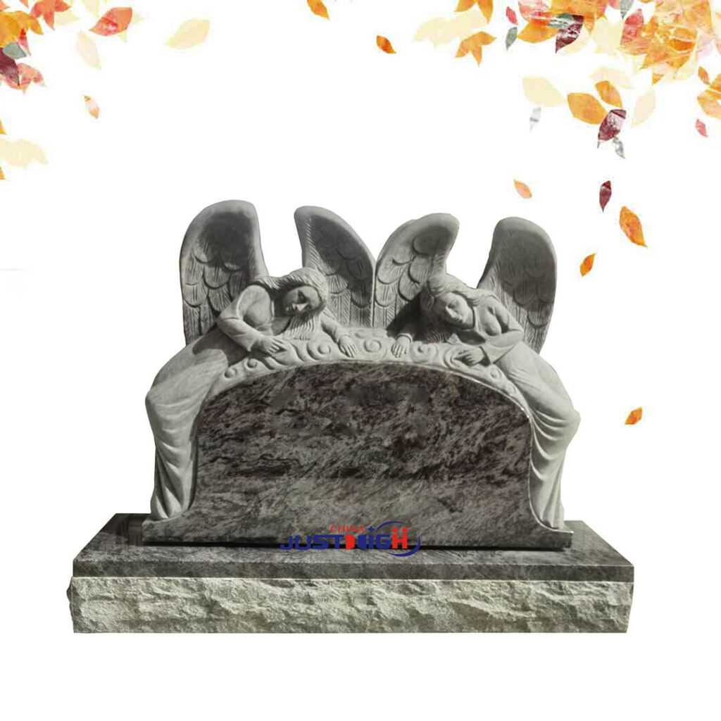 Bahama Blue Granite Double Angel Upright Headstone